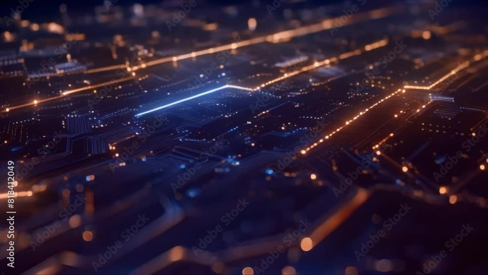 AI chip words on futuristic circuit boards glowing blue and orange ...