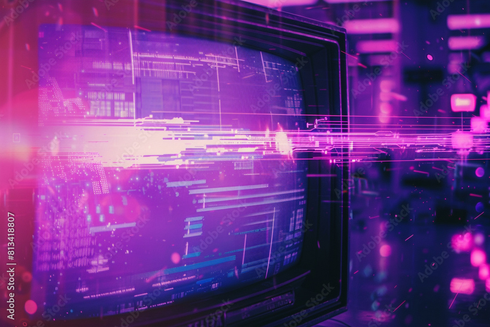 80s Retro wave style background displayed on vintage computer screen ...