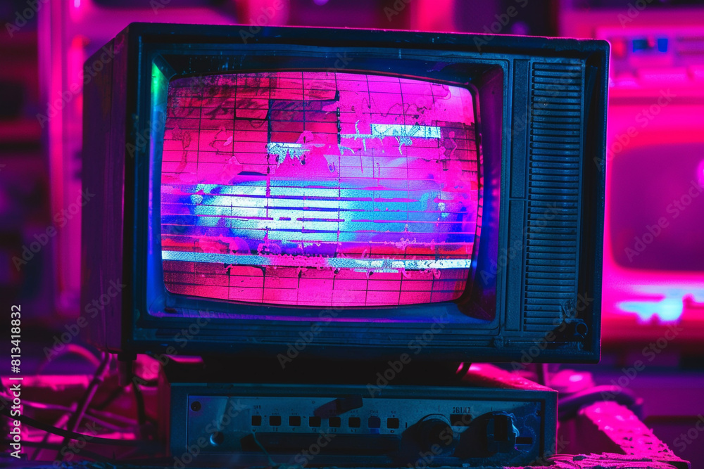 80s Retro wave style background displayed on vintage computer screen ...