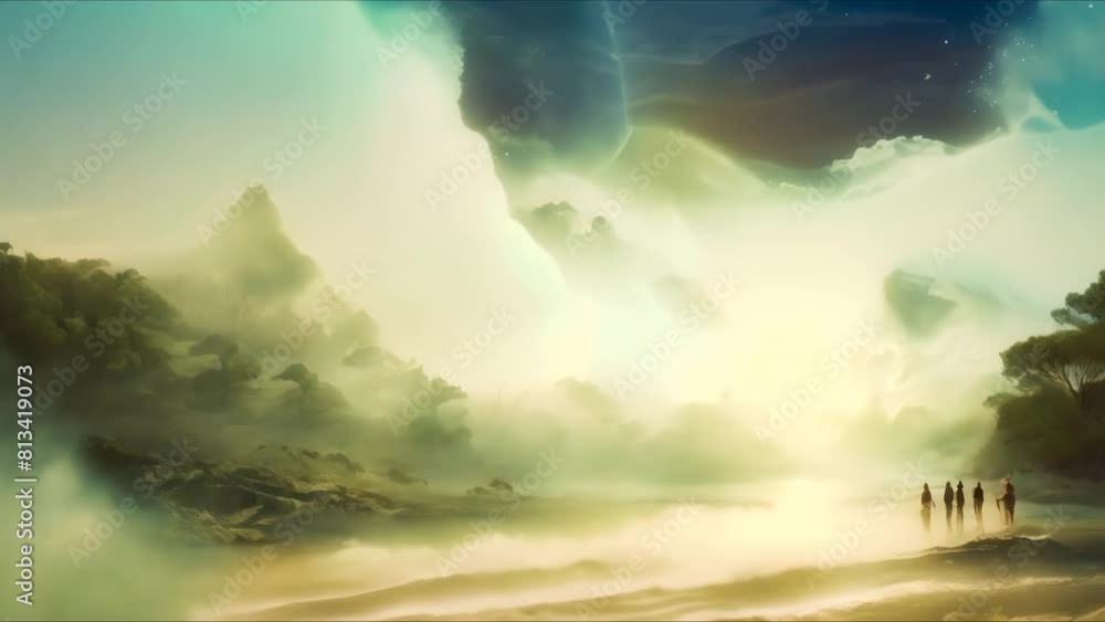 Detailed artwork featuring nature people water mountains in a dark ...