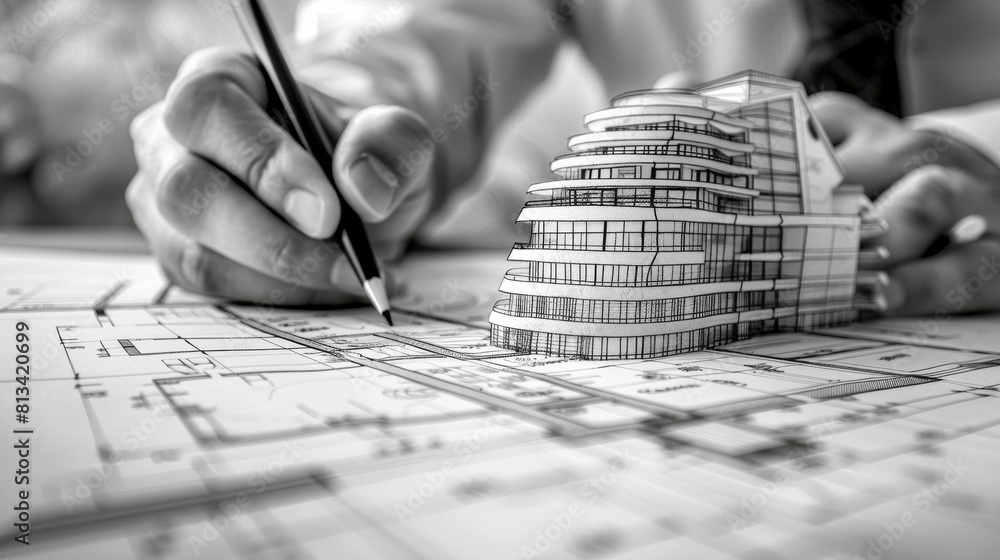 An architect's hand drawing a detailed sketch of a contemporary ...