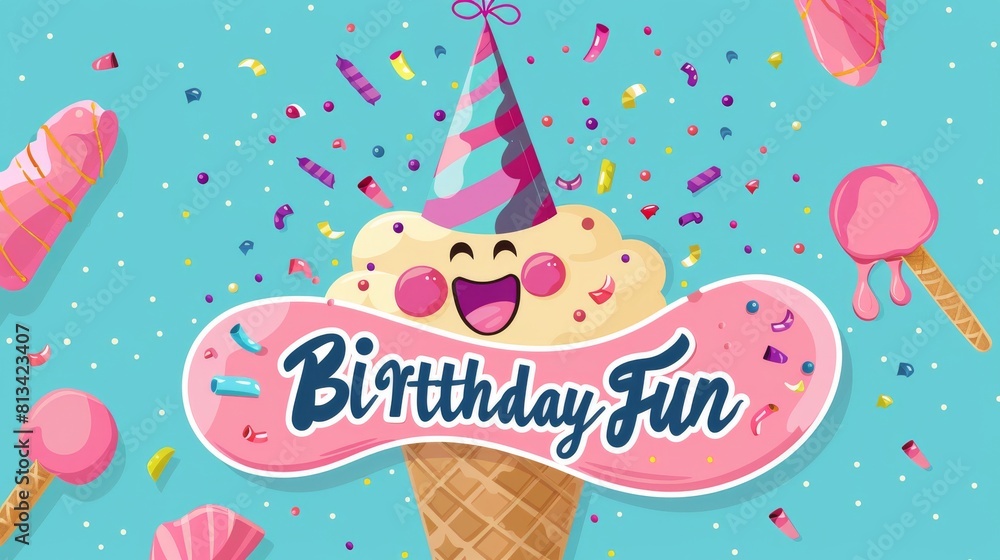 An ice cream cone with a bright yellow Happy Birthday sign on top ...