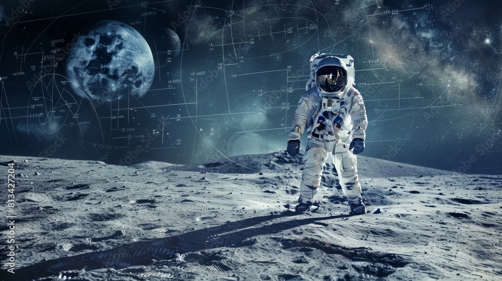 An astronaut in a spacesuit standing on the moon, holding a map in hand ...