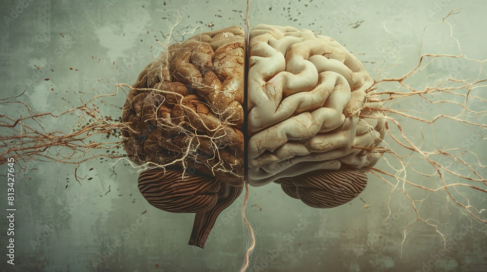 f a brain split in half, with roots growing out of one half and the ...