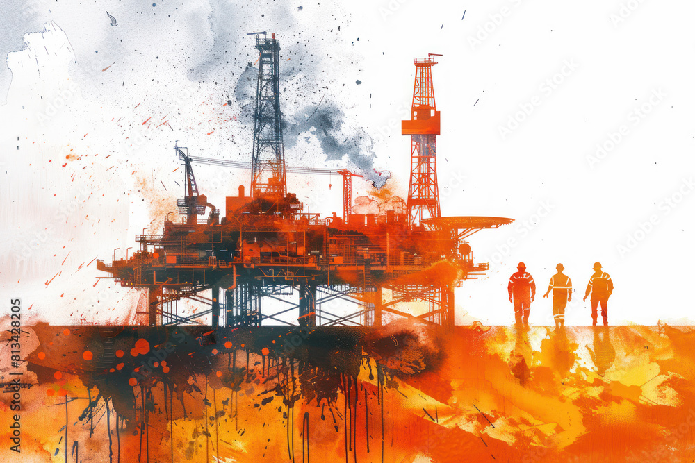 Orange watercolor paint of engineers working on offshore oil and gas ...