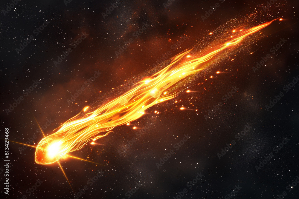 A brilliant flaming meteor with glowing molten tail streaking across ...