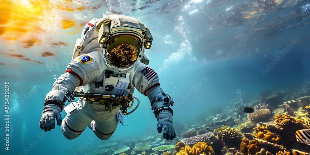Feline astronaut in space suit floating underwater exploring aquatic depths. Concept Underwater ...
