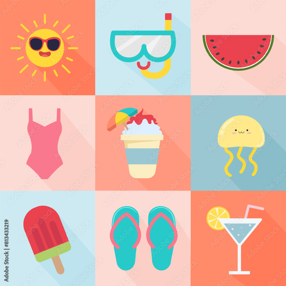 Summer pattern. Set of vector Summer posters. Ice cream, beach umbrella ...