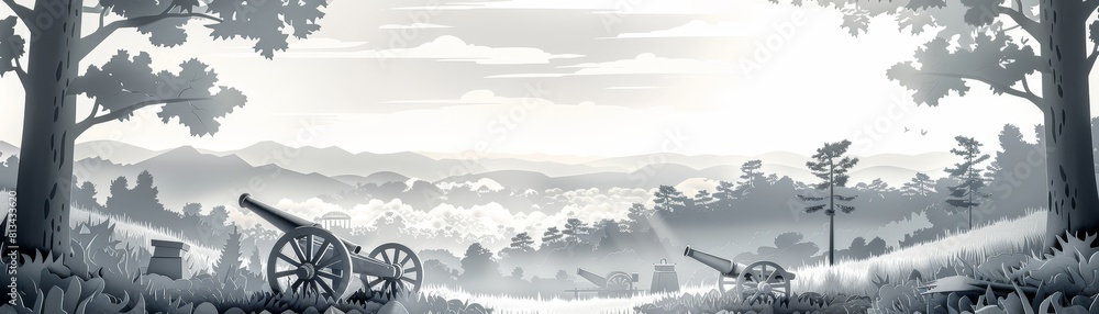 Panoramic papercraft battle scene in monochrome with cannons and trees ...
