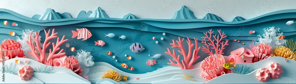 Panoramic underwater seascape with vibrant coral reefs and schools of ...