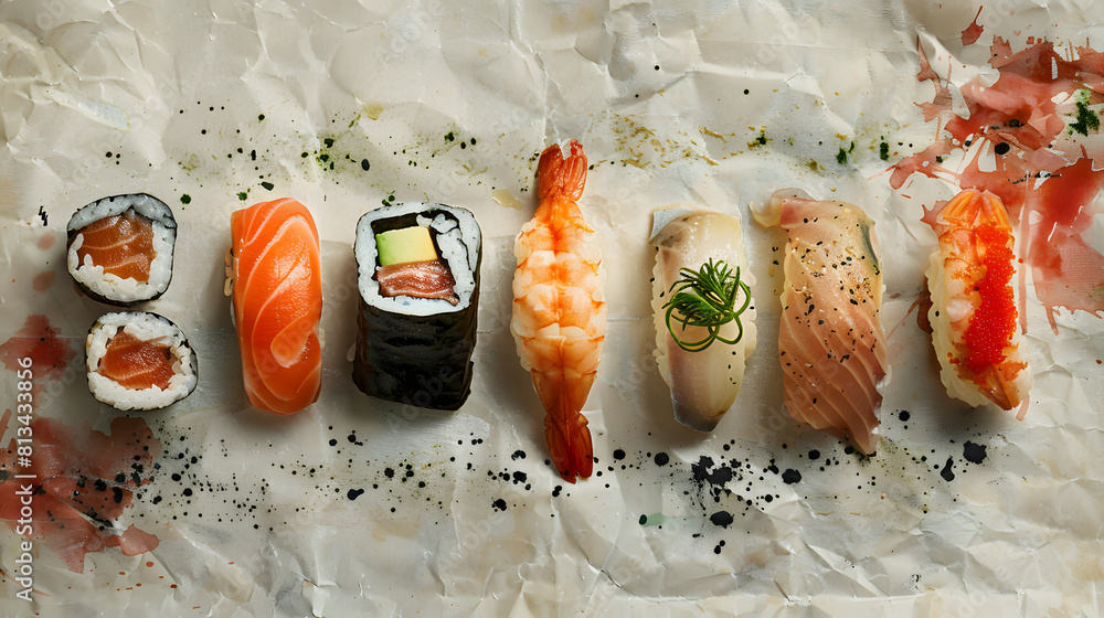 Artistic sushi set from above, components styled as traditional ...
