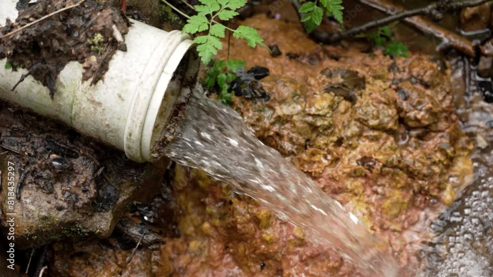Sewage flowing from plastic pipe into a ecological river stream in slow ...