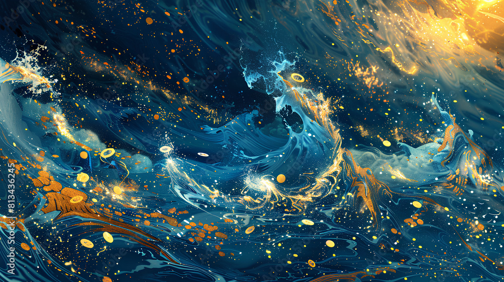 Magical fairytale ocean waves art painting. Unique blue and gold wavy ...