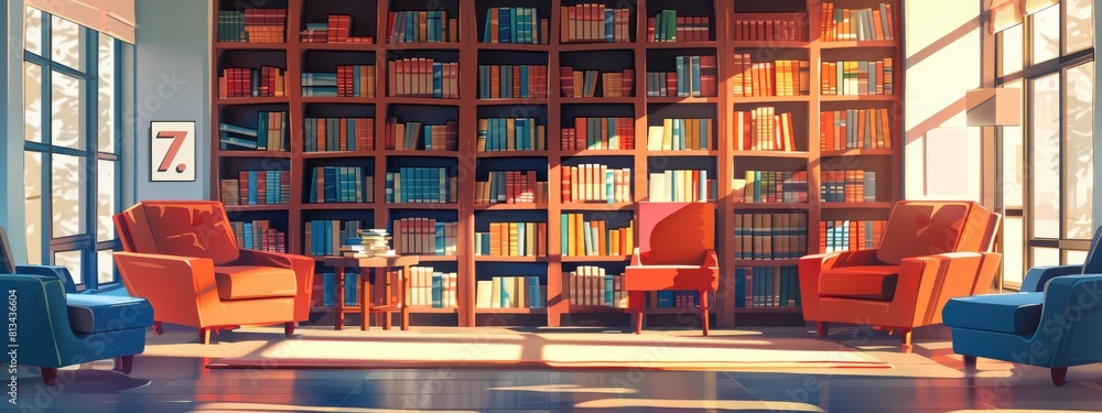 Cartoon interior of empty modern reading room in a public library ...