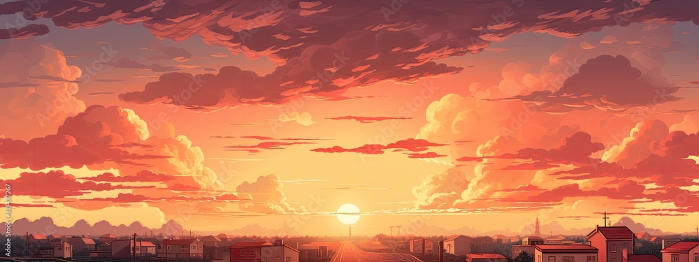 Sunset or sunrise in the town in anime style. Cartoon illustration ...