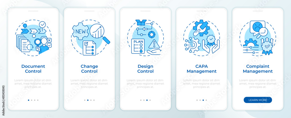 Qms Organization Blue Onboarding Mobile App Screen Walkthrough 5 Steps Editable Graphic
