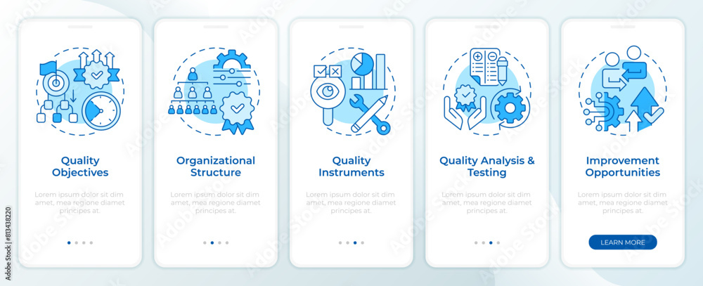 Qms Structure Blue Onboarding Mobile App Screen Walkthrough 5 Steps Editable Graphic