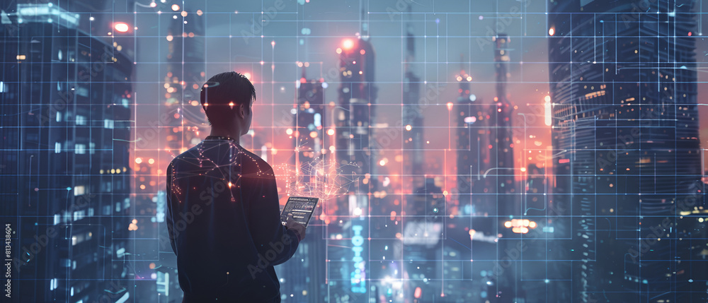 A CEO employs AI tools in a futuristic office, making data-driven ...