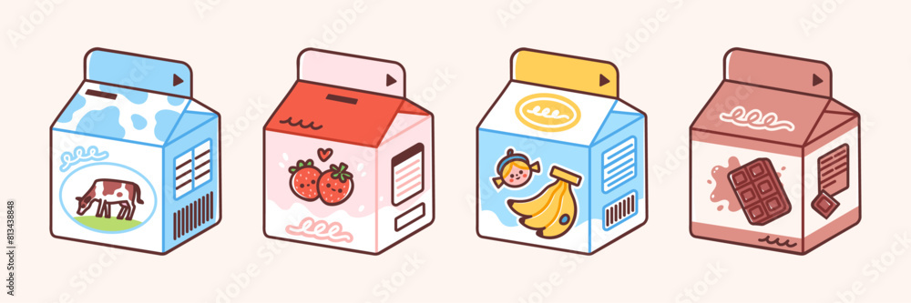 Flavored milk cartons. Vector illustration of banana, strawberry and ...