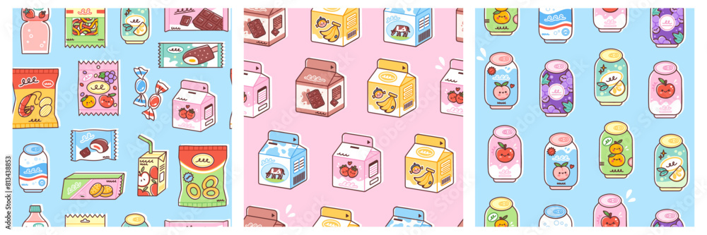 Snacks, flavored milk cartons and soda cans seamless patterns set ...