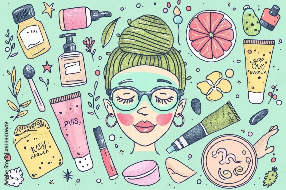 Cartoon cute doodles of someone pampering themselves with a DIY spa day ...