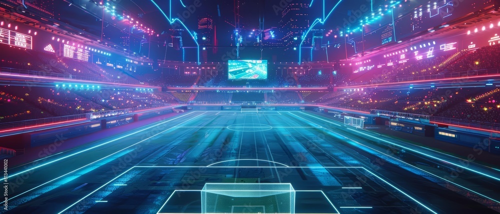 A cyberthemed football stadium with a translucent pitch that displays ...
