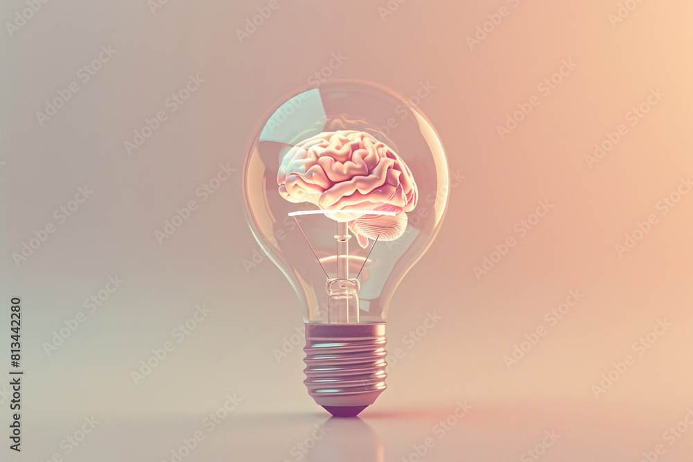 A futuristic 3D light bulb with a 3D brain inside, casting a reflective ...