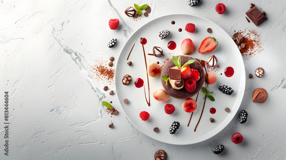 Elegant dessert plate, top view, featuring geometric chocolate designs ...