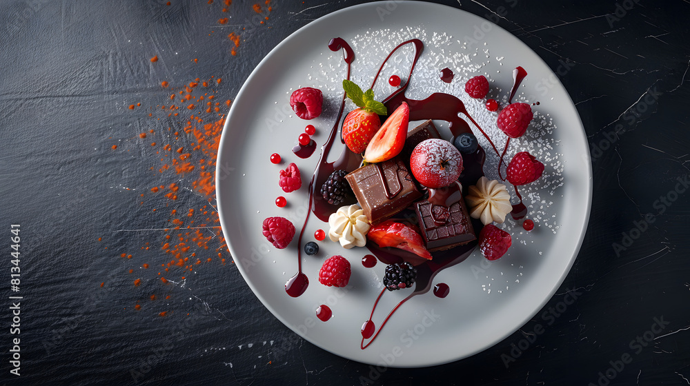 Elegant dessert plate, top view, featuring geometric chocolate designs ...