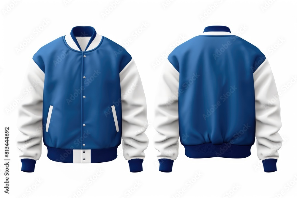 blue and white varsity jacket mockup on white background. front and ...