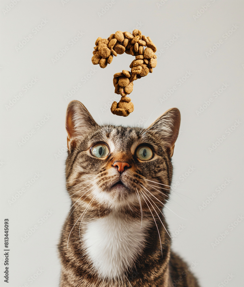 Curious cat staring at a floating question mark made of cat treats ...