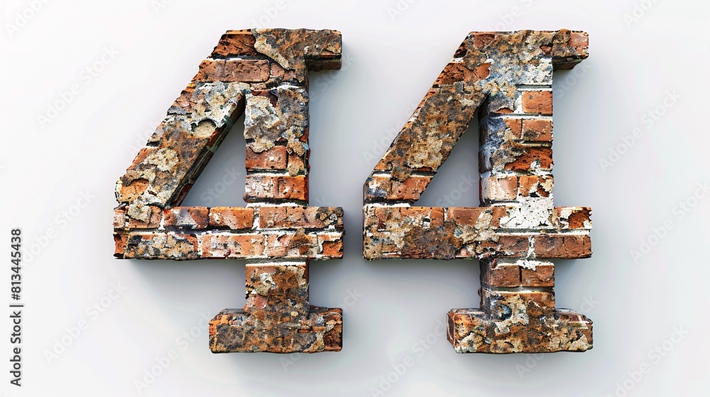 A 44 number created from aged gritty brick texture on a pure white ...