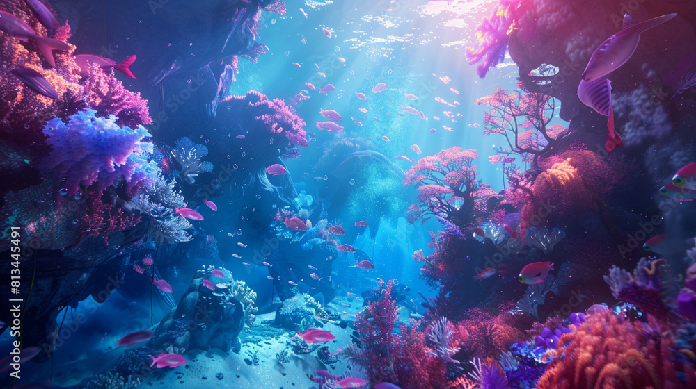 An ethereal underwater kingdom filled with shimmering coral reefs and ...
