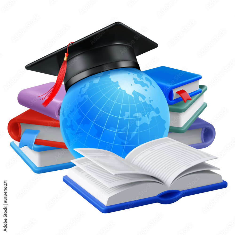 3d realistic black academic graduation cap or toga hat on the globe ...