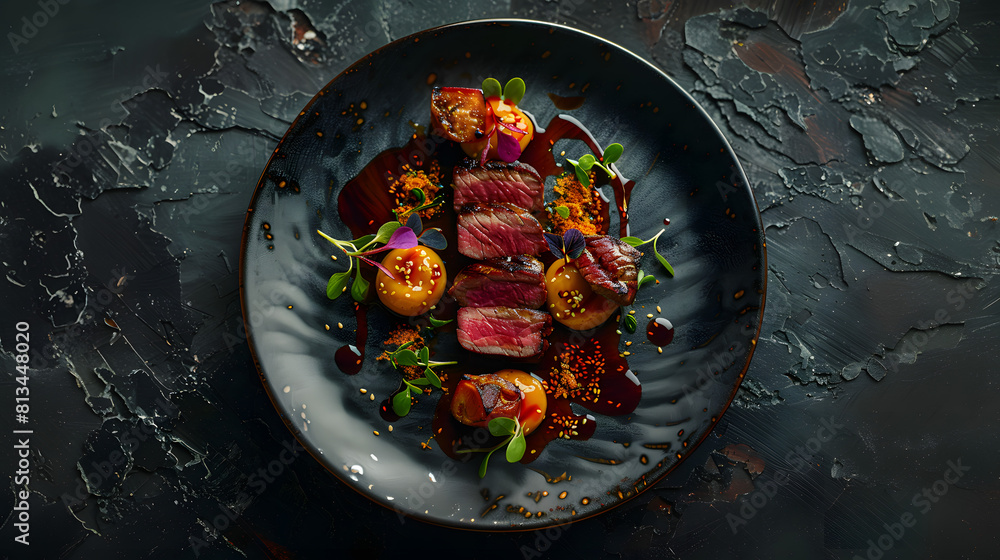 Luxurious steak dish viewed from above, featuring gold leaf accents and ...