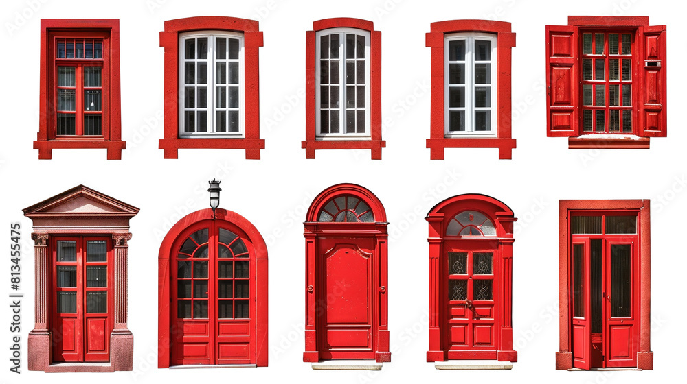 A set of red windows and door on a transparent background, PNG old ...