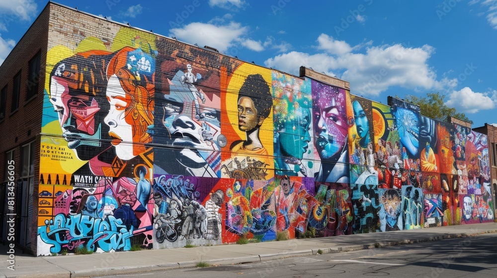 Capture a larger-than-life mural merging vibrant street art with ...