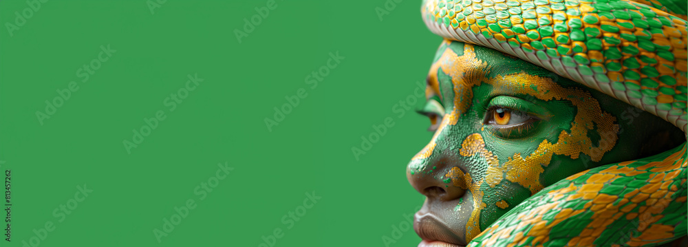 Woman covered in snake body art with a live green yellow snake draped ...