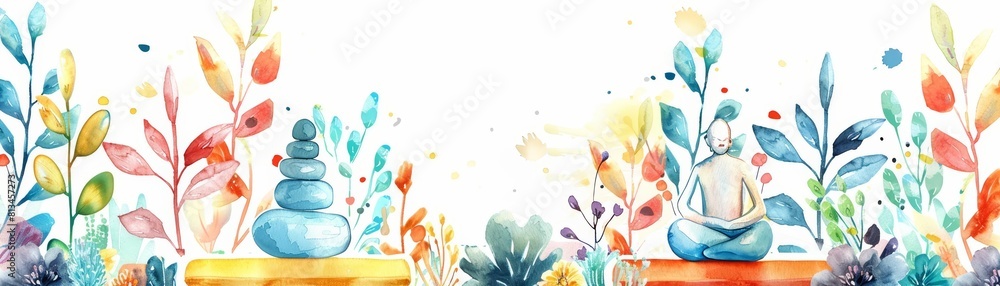 A watercolor of a peaceful yoga studio scene with mats, blocks, and ...