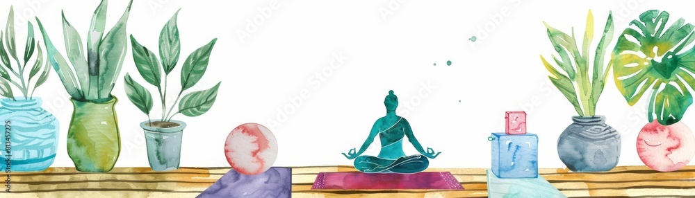A watercolor of a peaceful yoga studio scene with mats, blocks, and ...