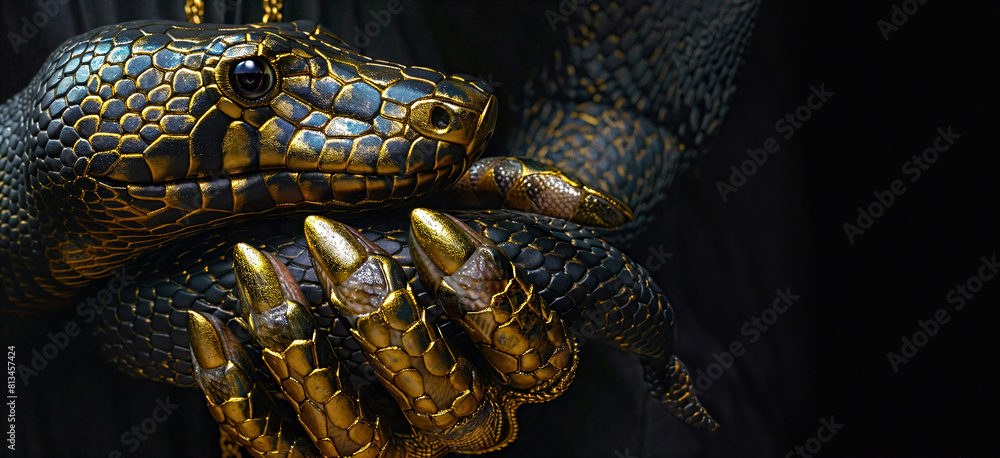 Black and gold snake in a humanoid hand with gold nails and snake skin ...