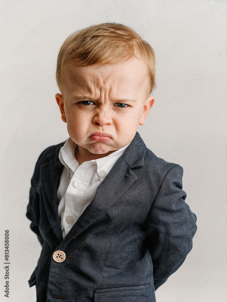 Serious child dressed in an adult suit. Boy with an upset face. Sad ...
