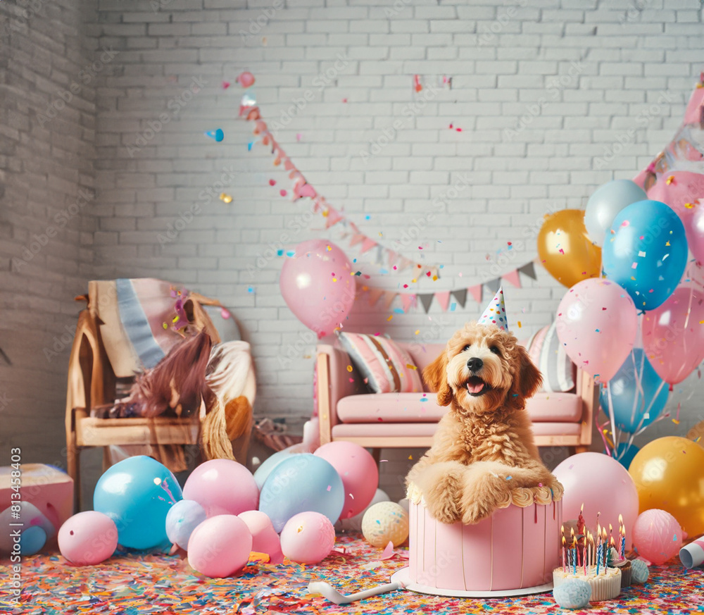 Happy cute labradoodle dog wearing a party hat celebrating at a ...