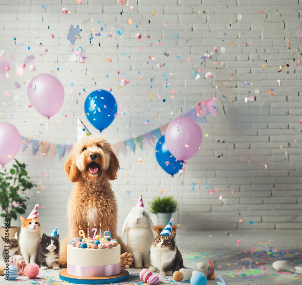 Happy cute labradoodle dog wearing a party hat celebrating at a ...