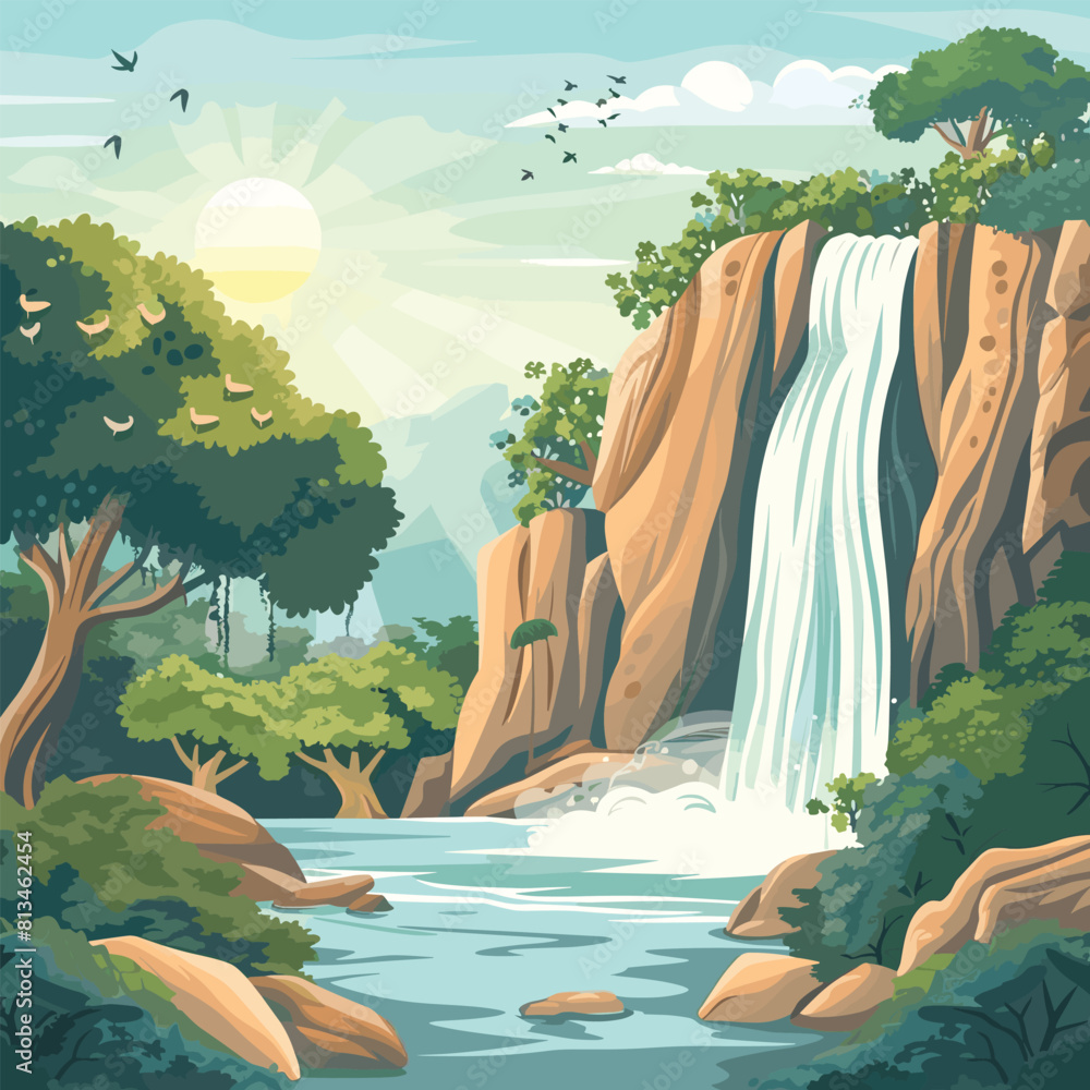 Waterfall in the jungle. Vector illustration of a waterfall flat style ...