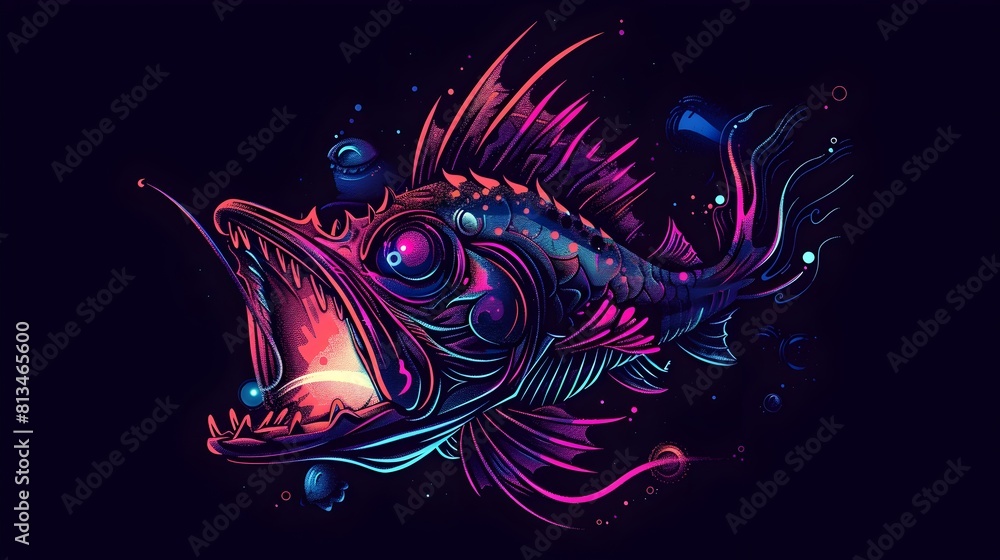Glowing Anglerfish in the Depths of the Dark Ocean with Otherworldly ...
