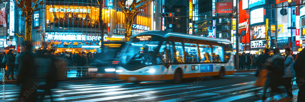 A city street at night, illuminated by streetlights, with a bus parked ...