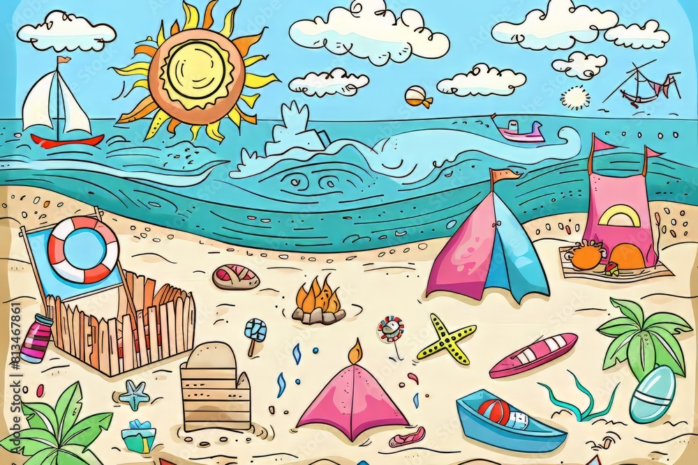 Cartoon cute doodles of a birthday beach day, with sandcastles, beach ...