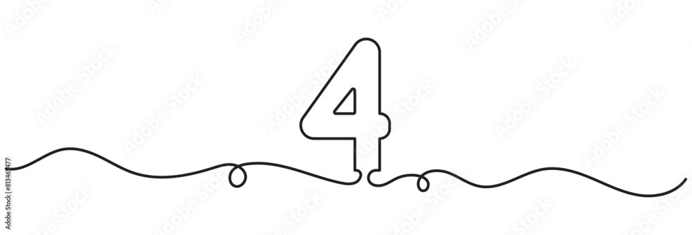 Number 4 line art silhouette. One line continuous outline vector ...