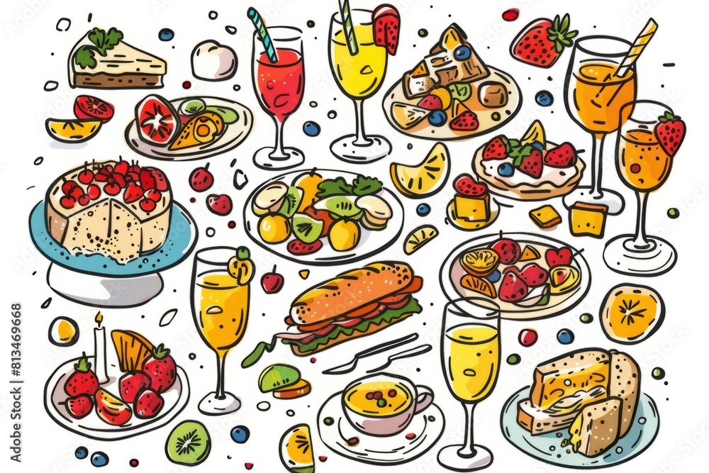 Cartoon cute doodles of a birthday brunch gathering, with delicious ...